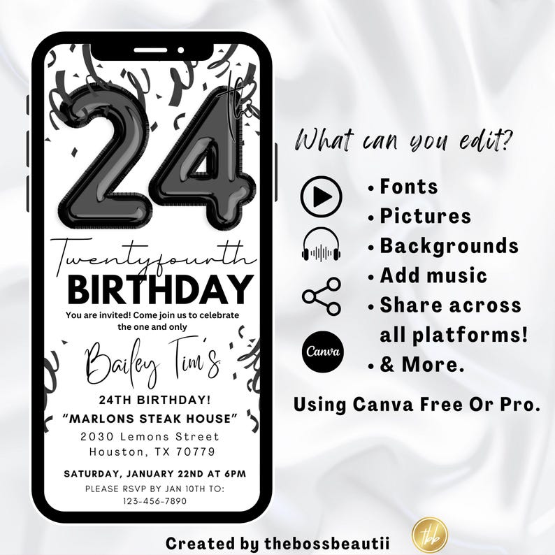 24th Black and White Birthday Party/dinner Digital Invitation, 24th ...