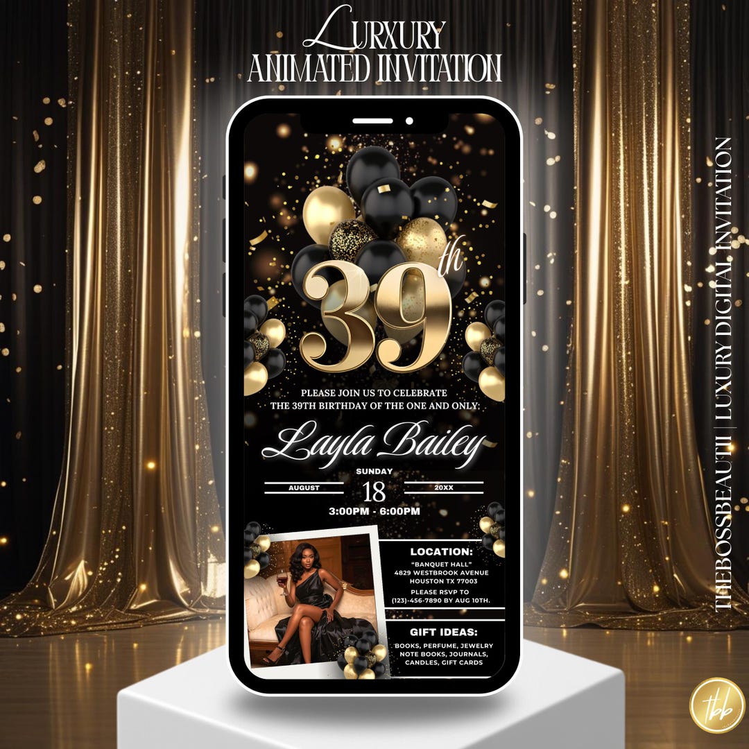 39th Luxury Black and Gold Birthday Invitation With Picture, Turning ...