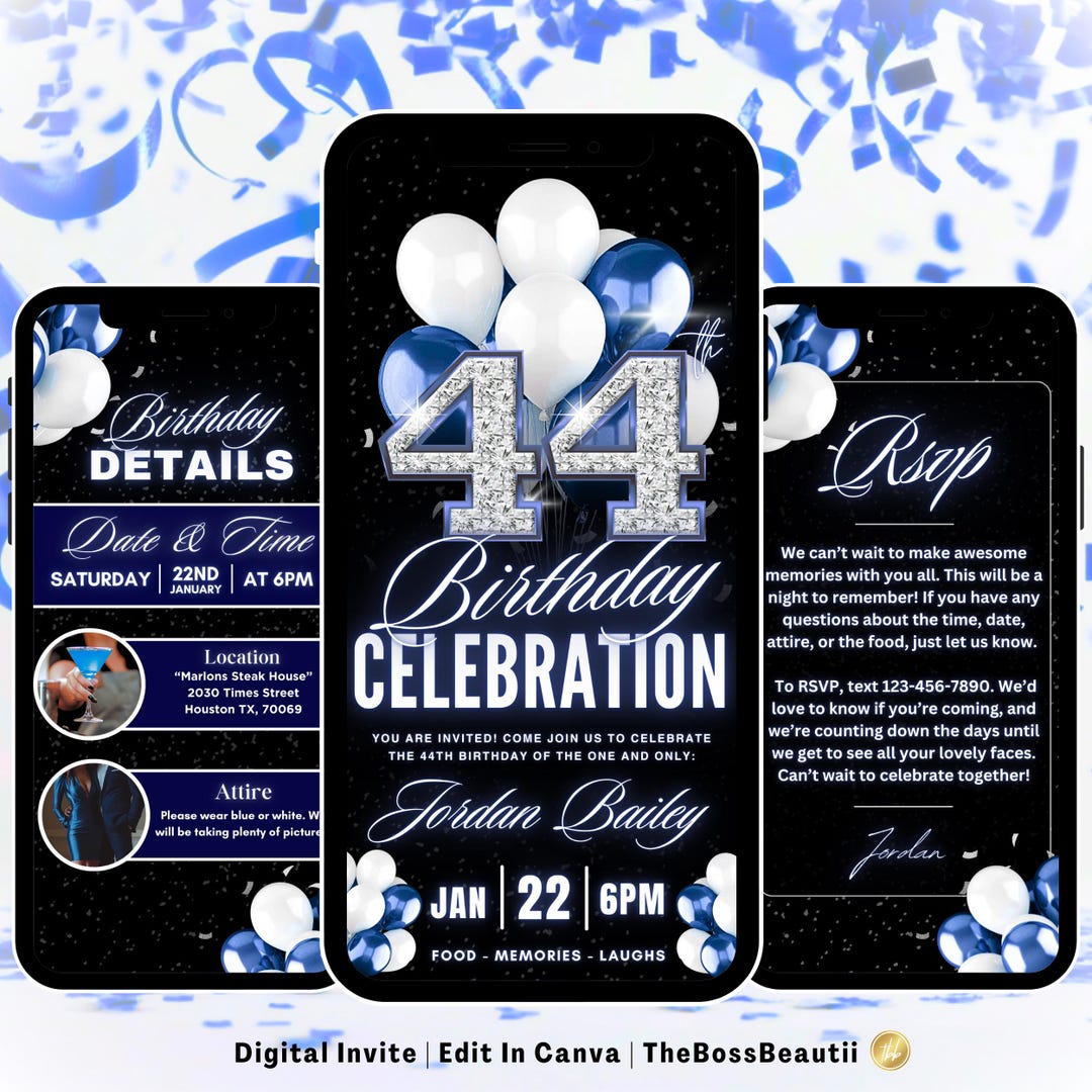 44th Luxury Diamond Navy Blue and White Birthday Party/dinner Digital ...