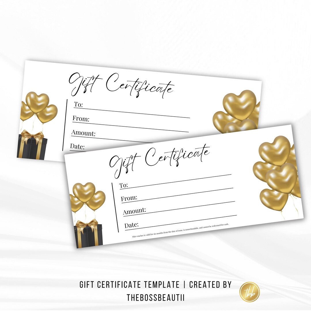 Gold Gift Certificate Template, Business DIY Gift Voucher With Balloons ...