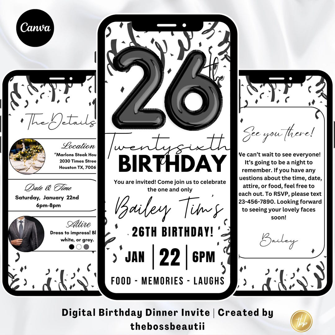 26th Black and White Birthday Party/dinner Digital Invitation, 26th ...