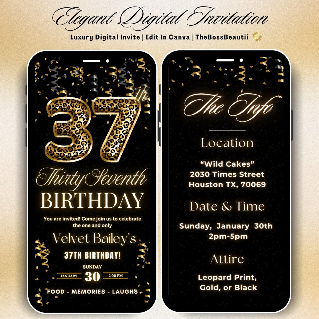 37th Elegant Leopard Print Birthday Digital Invitation, Birthday Party ...