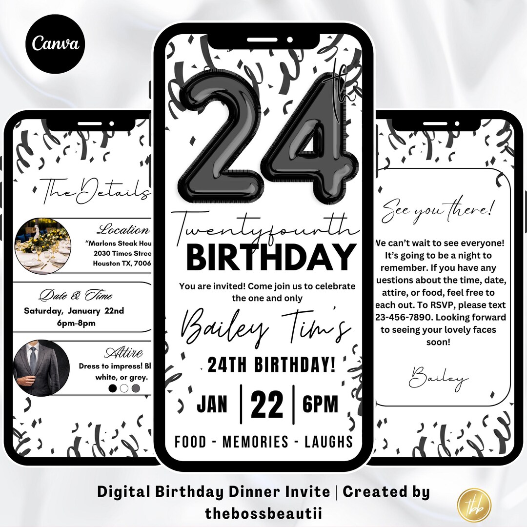 24th Black and White Birthday Party/dinner Digital Invitation, 24th ...