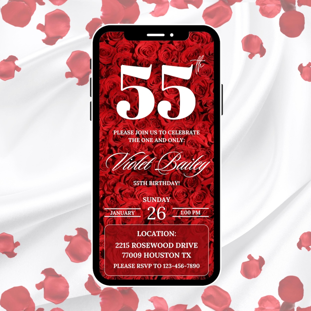 55th Red Rose Birthday Digital Invitation, Elegant Floral Birthday ...