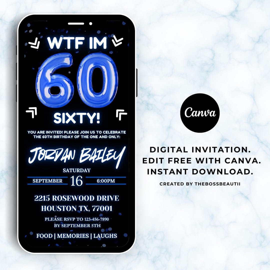 60th Blue Digital Invitation, Birthday Evite, Edit in Canva, 60th Bday ...
