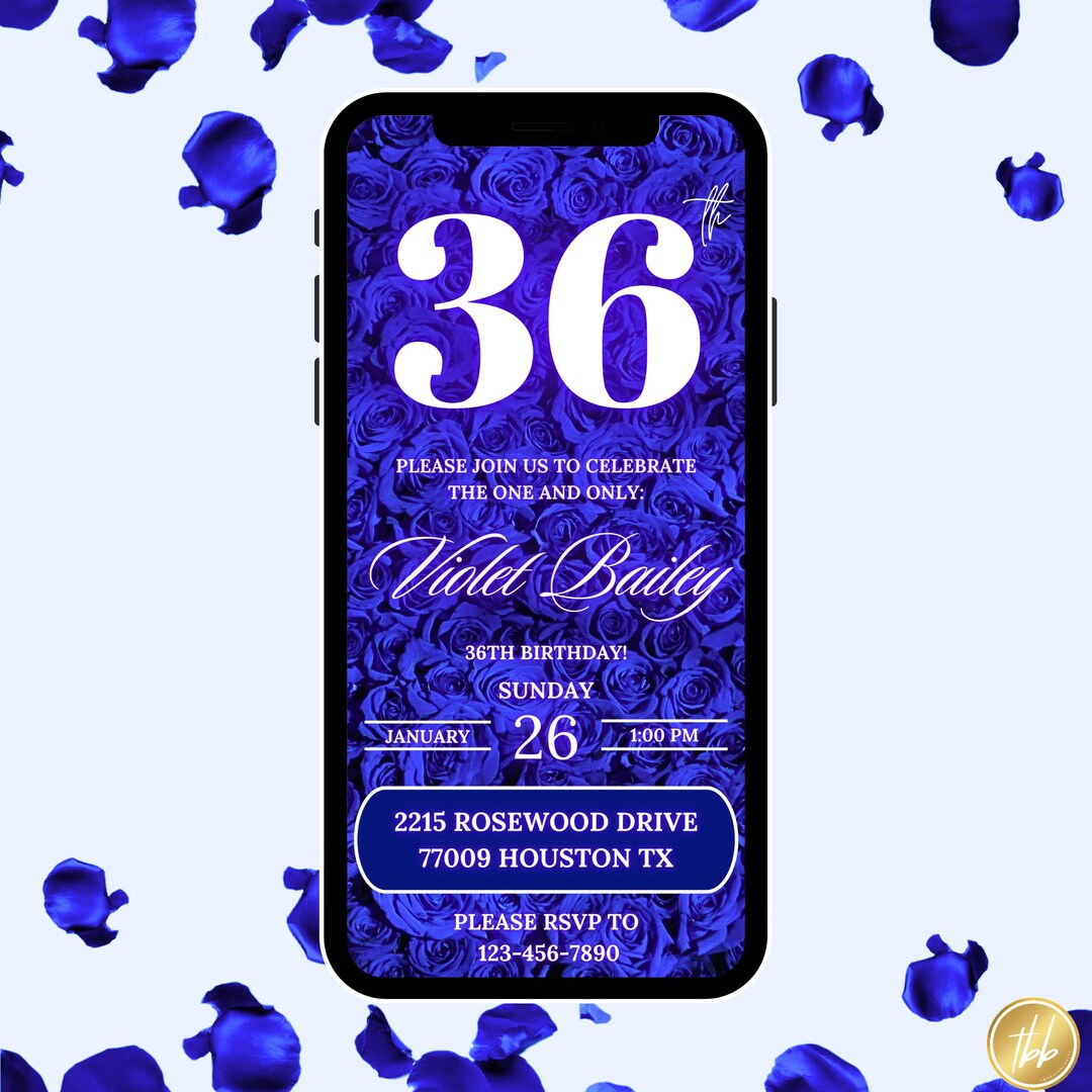 36th Blue Rose Birthday Digital Invitation, Birthday Party Evite . 36 ...