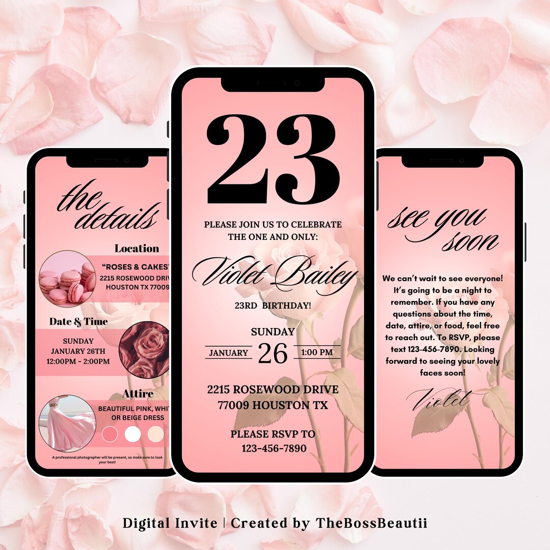 23rd Pink Birthday Dinner Digital Invitation, Elegant Birthday Evite ...