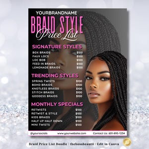 Braid Price List Template, Braider Price List Sheet, 8.5x11 Price List ...