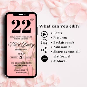22nd Pink Birthday Dinner Digital Invitation, Birthday Evite . Canva ...