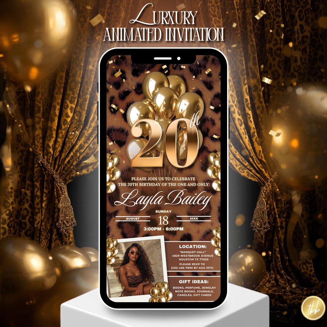 20th Luxury Leopard Print and Gold Birthday Invitation With Picture ...