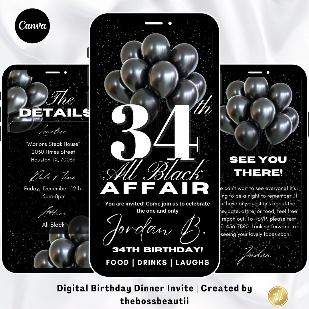 34th All Black Birthday Digital Invitation, 34th Bday Video, Edit in ...