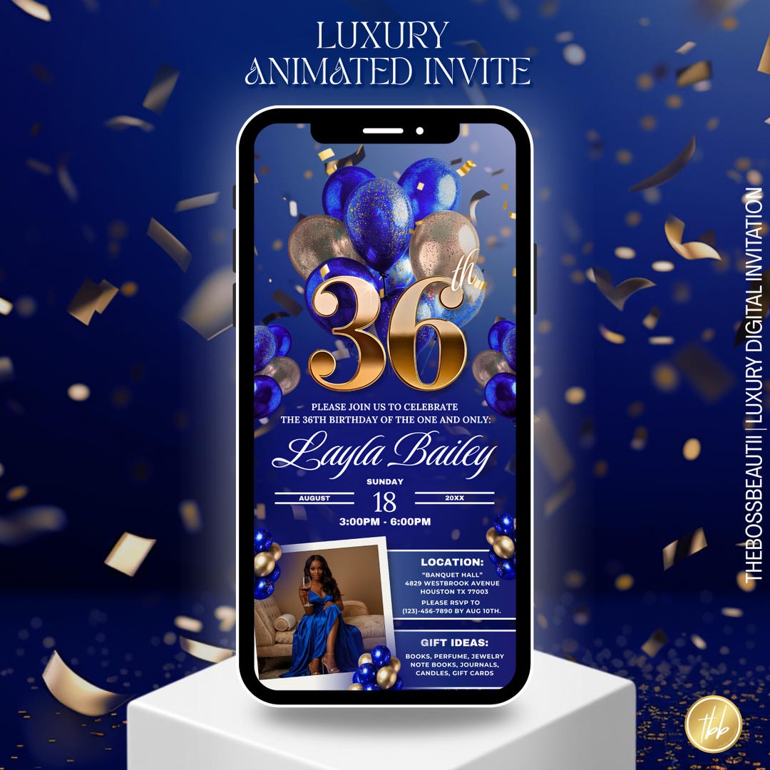 36th Luxury Blue and Gold Birthday Invitation With Picture, Turning ...