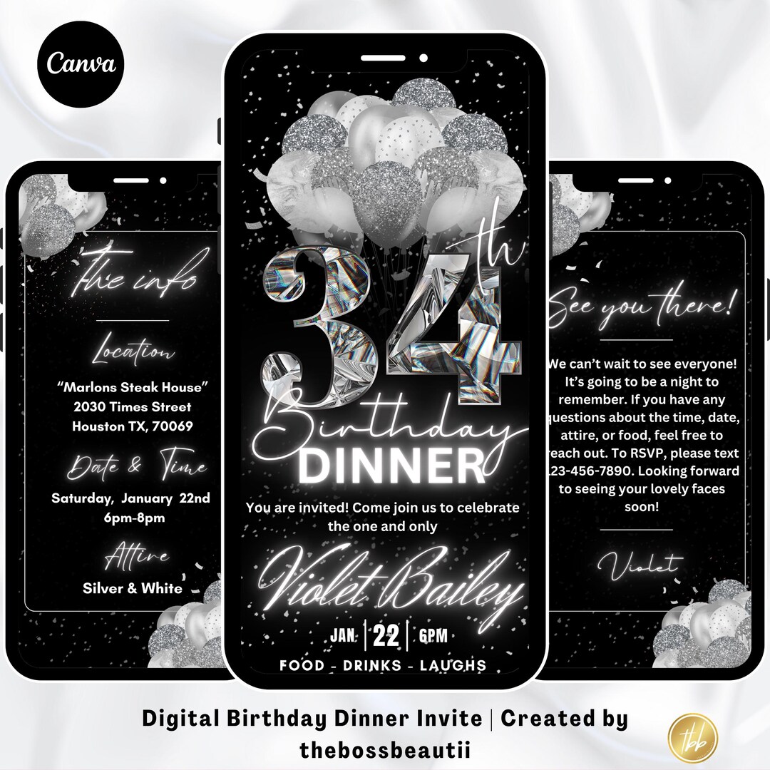 34th Silver Birthday Dinner Digital Invitation, 34th Birthday Evite ...