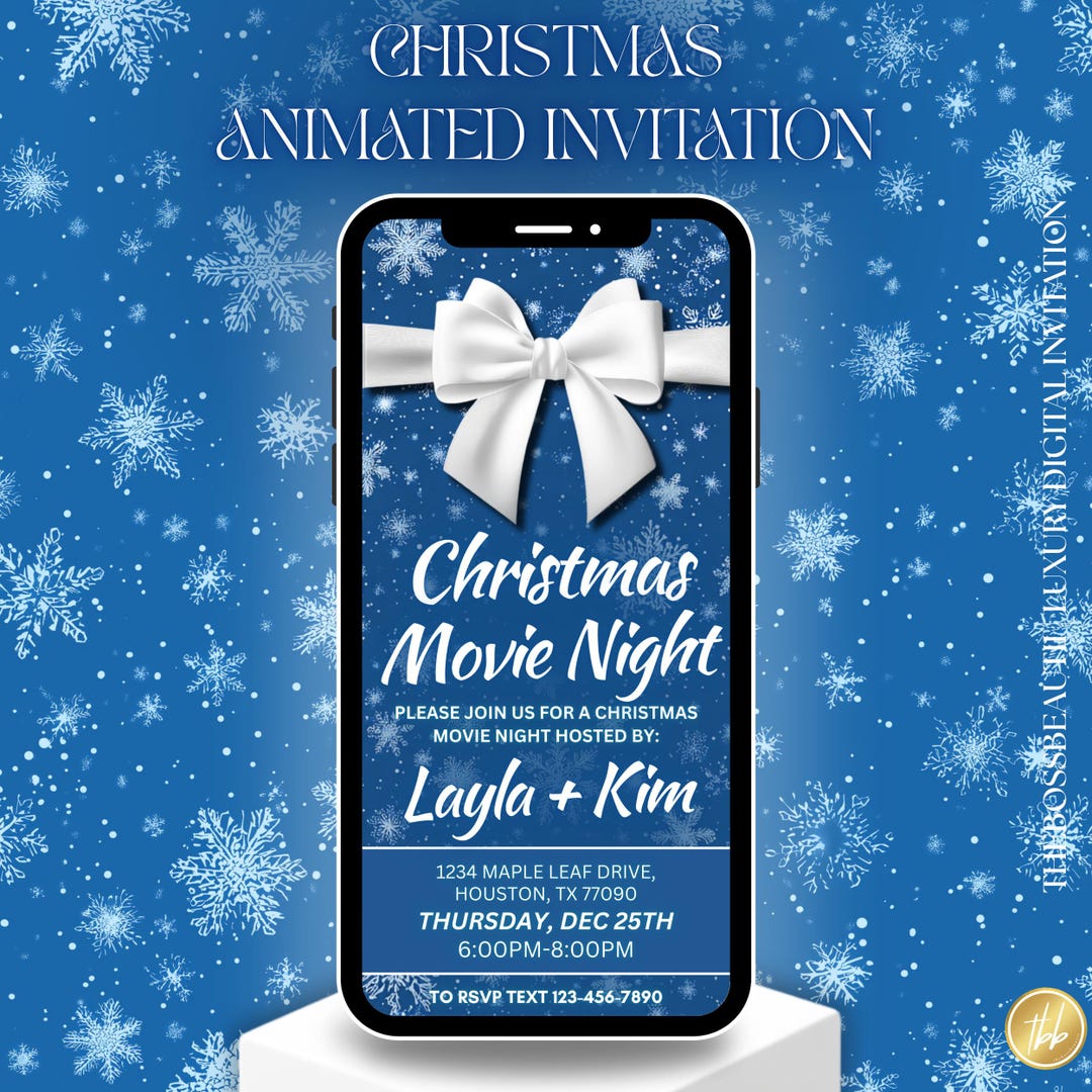 Blue Christmas Movie Night Christmas Animated Digital Invitation ...