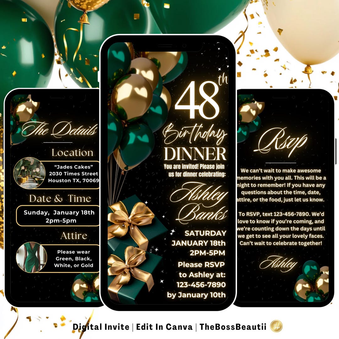 48th Elegant Green and Gold Birthday Digital Invitation, Birthday Party ...