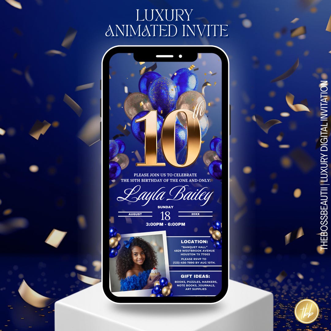 10th Luxury Blue and Gold Birthday Invitation With Picture, Turning Ten ...
