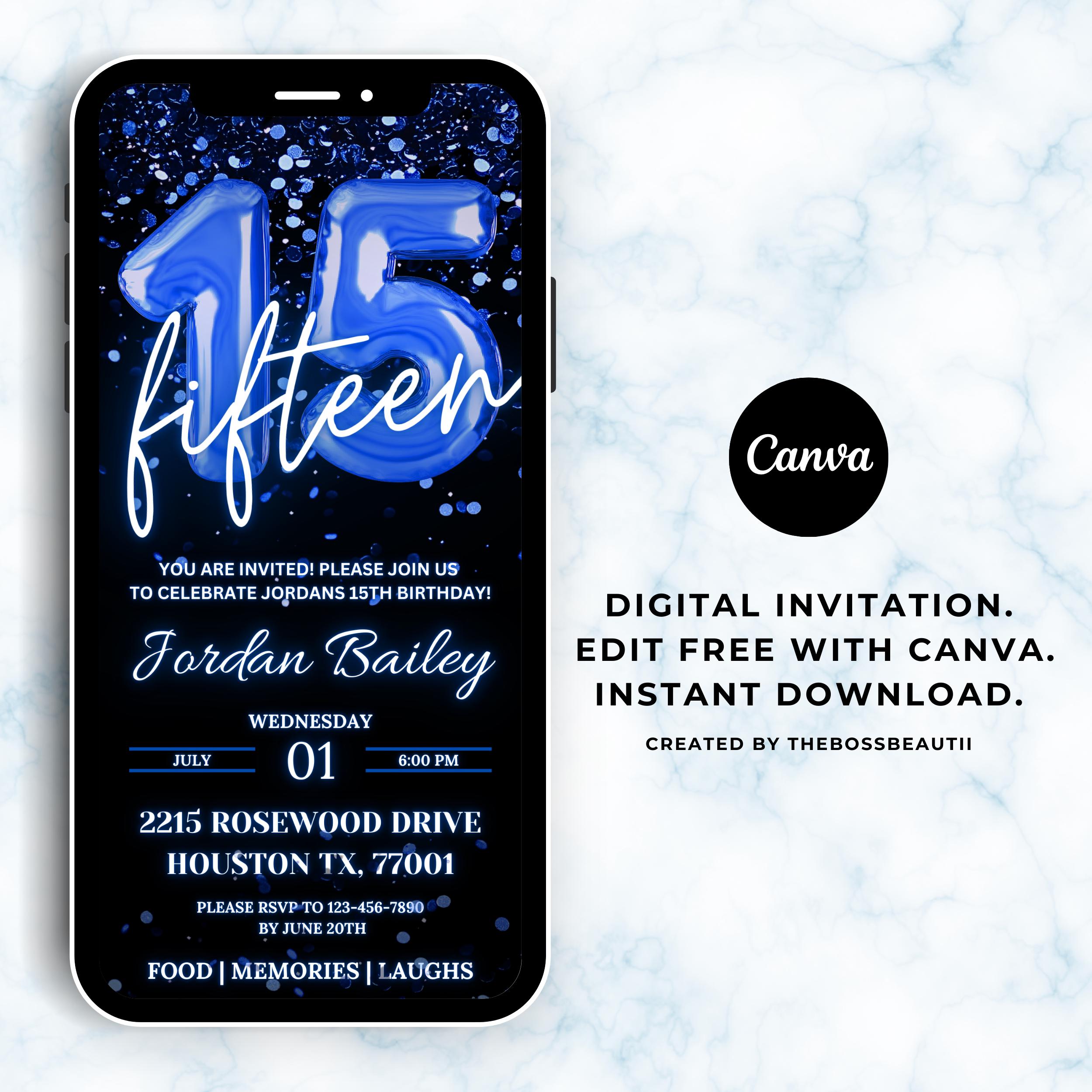 15th Blue Digital Invitation, Birthday Evite, Edit in Canva, 15th Bday ...