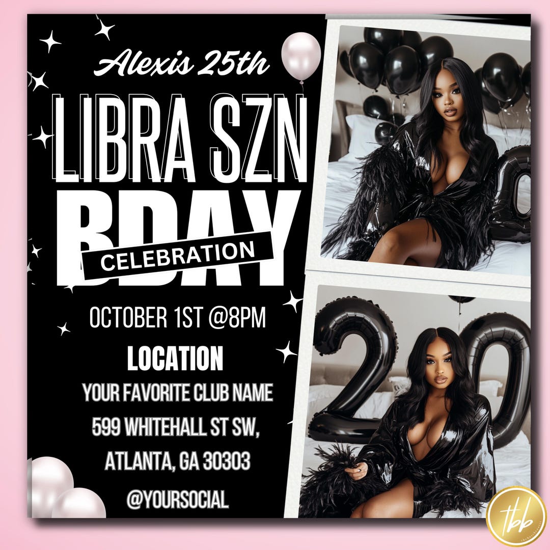 Libra Season Party Flyer, Libra Bday Szn Flyer, All Black, Invitation Flyer, Silver Birthday ...