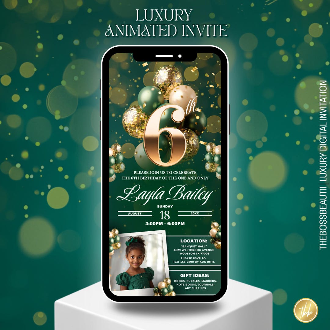 6th Luxury Green and Gold Birthday Invitation With Picture, Turning Six ...