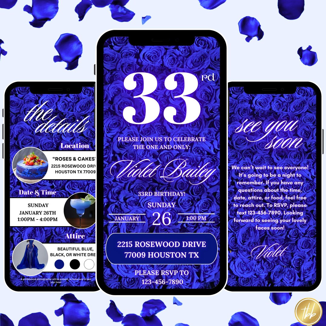 33rd Blue Rose Birthday Digital Invitation, Birthday Party Evite . 33 ...