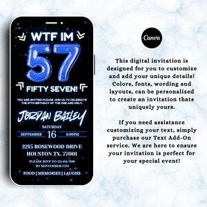 57th Blue Digital Invitation, Birthday Evite, Edit in Canva, 57th Bday ...
