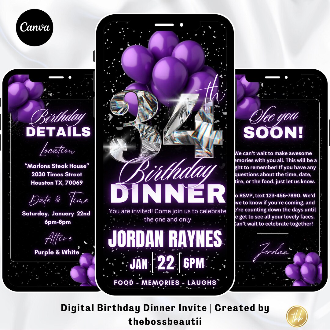 34th Purple Birthday Dinner Digital Invitation, 34th Birthday Evite ...
