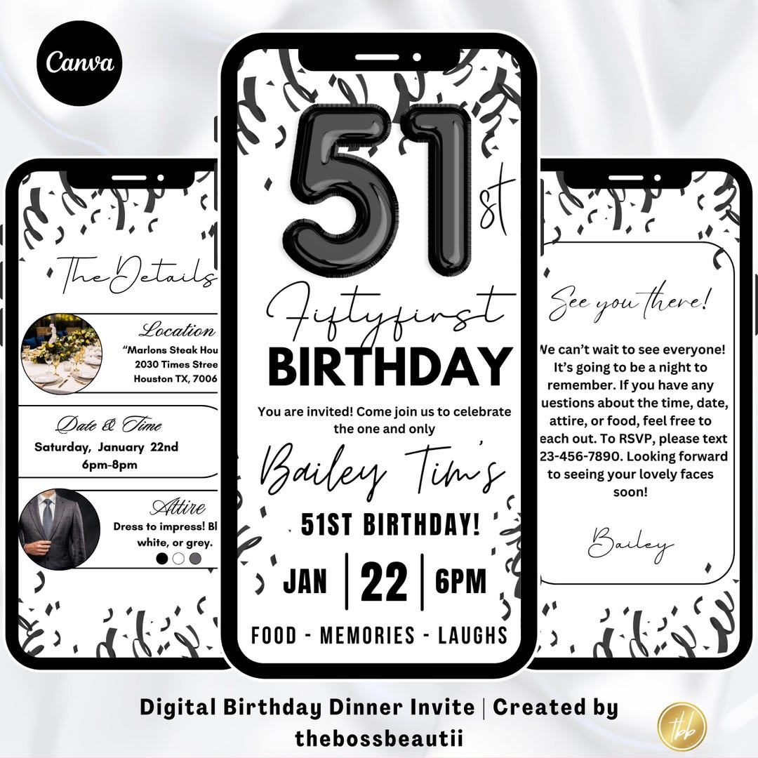 51st Black and White Birthday Party/dinner Digital Invitation, 51st ...