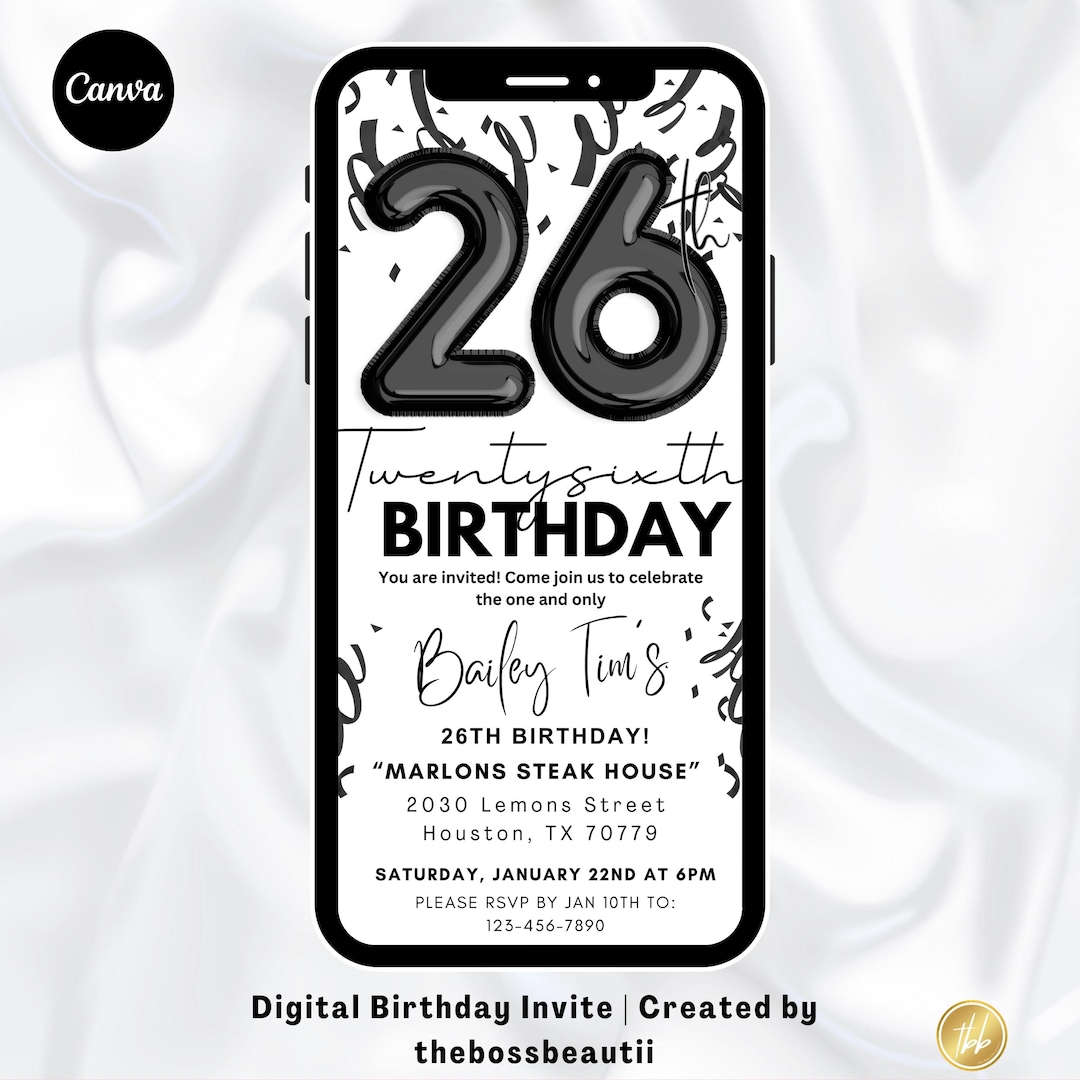 26th Black and White Birthday Party/dinner Digital Invitation, 26th ...