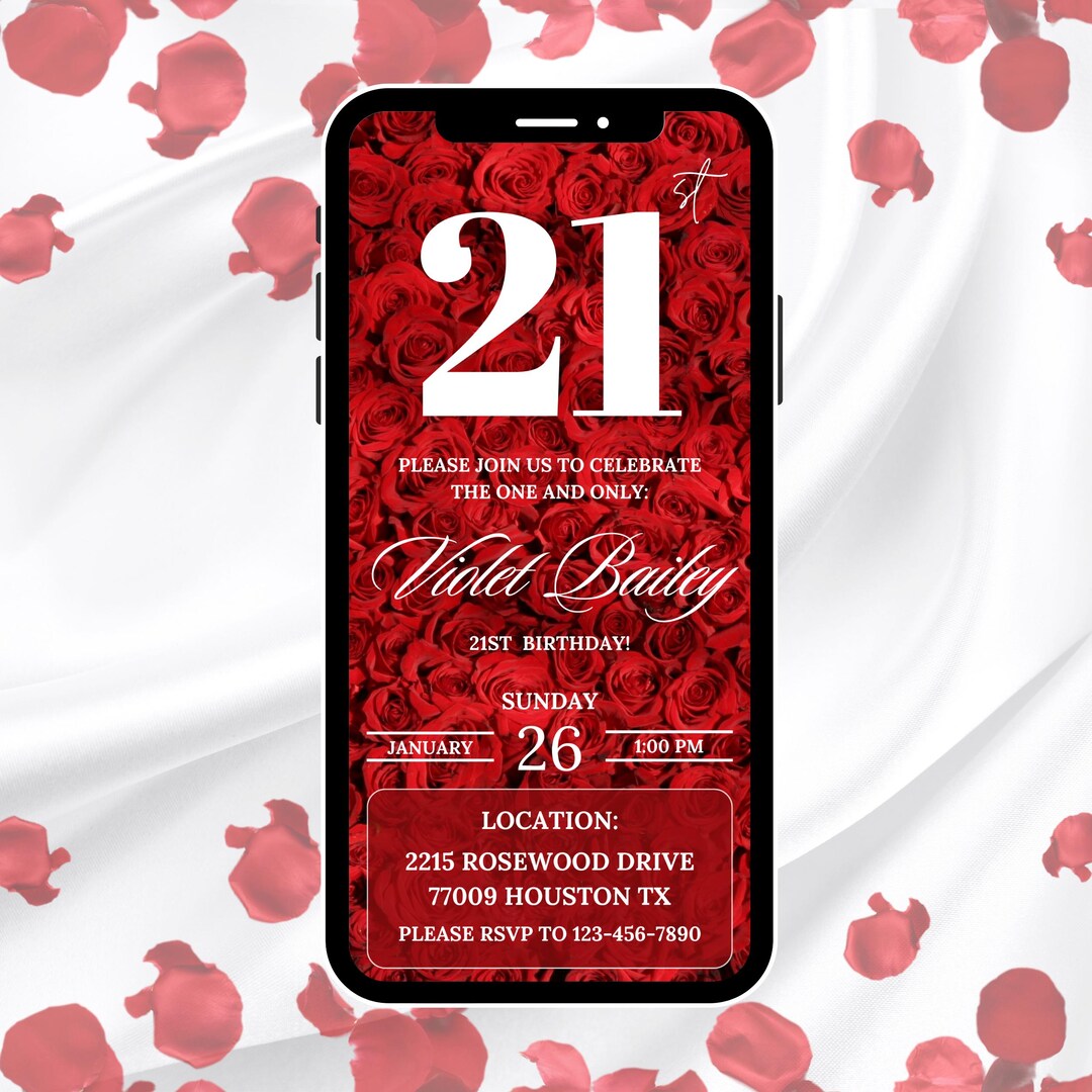 21st Red Rose Birthday Digital Invitation, Elegant Floral Birthday ...