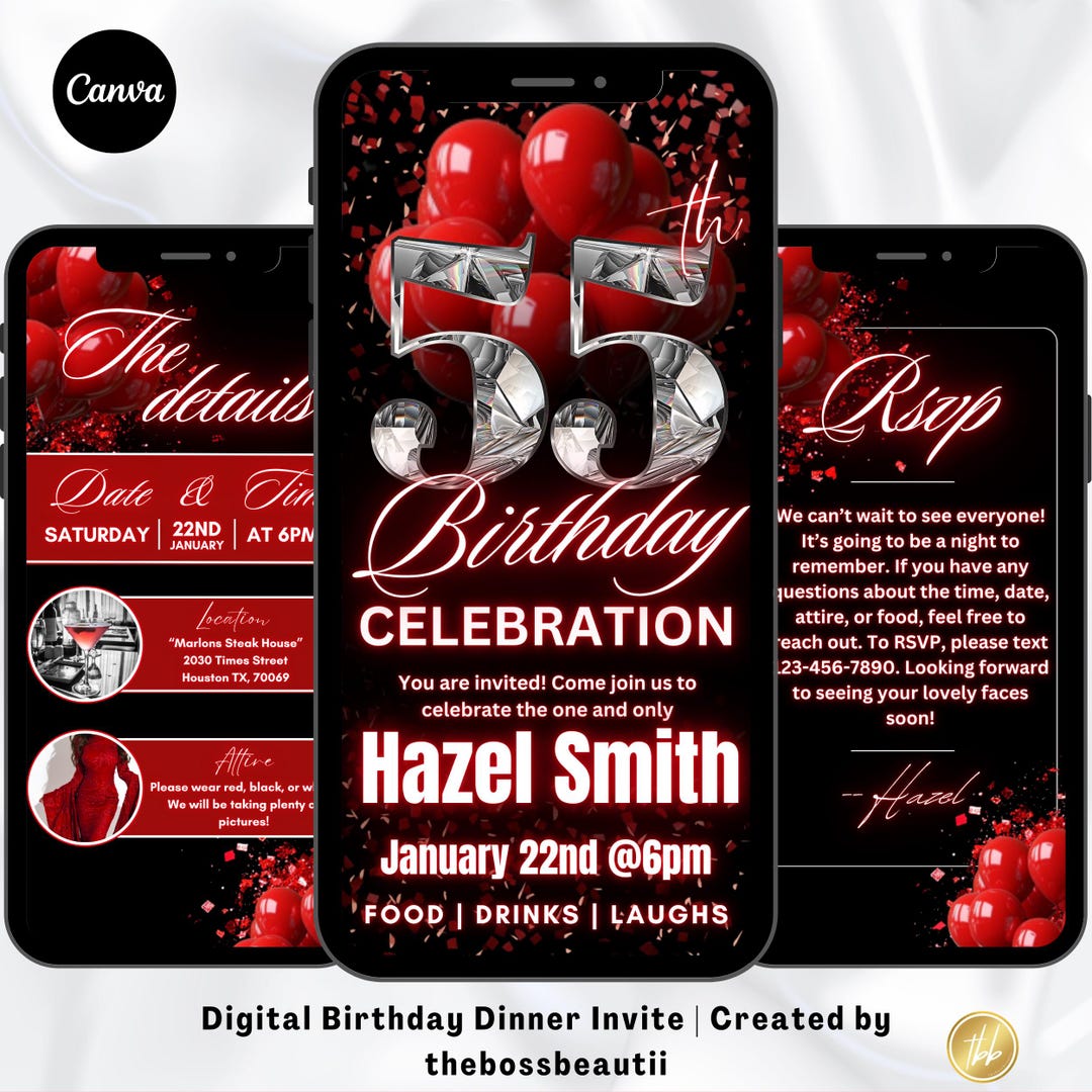55th Red Birthday Dinner Digital Invitation, 55th Birthday Evite, Red ...