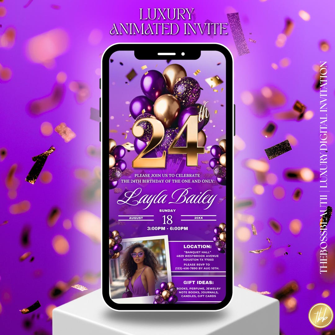 24th Purple and Gold Birthday Invitation With Picture, Turning Twenty ...