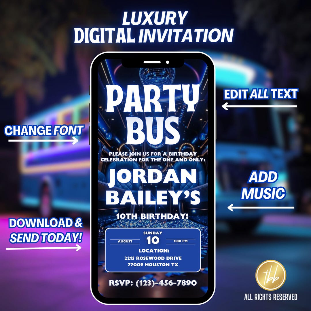 Blue Party Bus Invitation, Invitation for Boys and Girls, Cool Invite ...