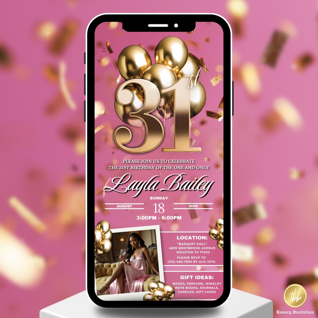 31st Luxury Pink and Gold Birthday Invitation With Picture, She's ...