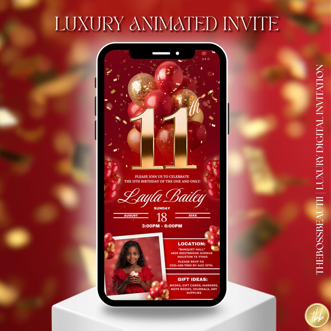 11th Luxury Red and Gold Birthday Invitation With Picture, She's ...