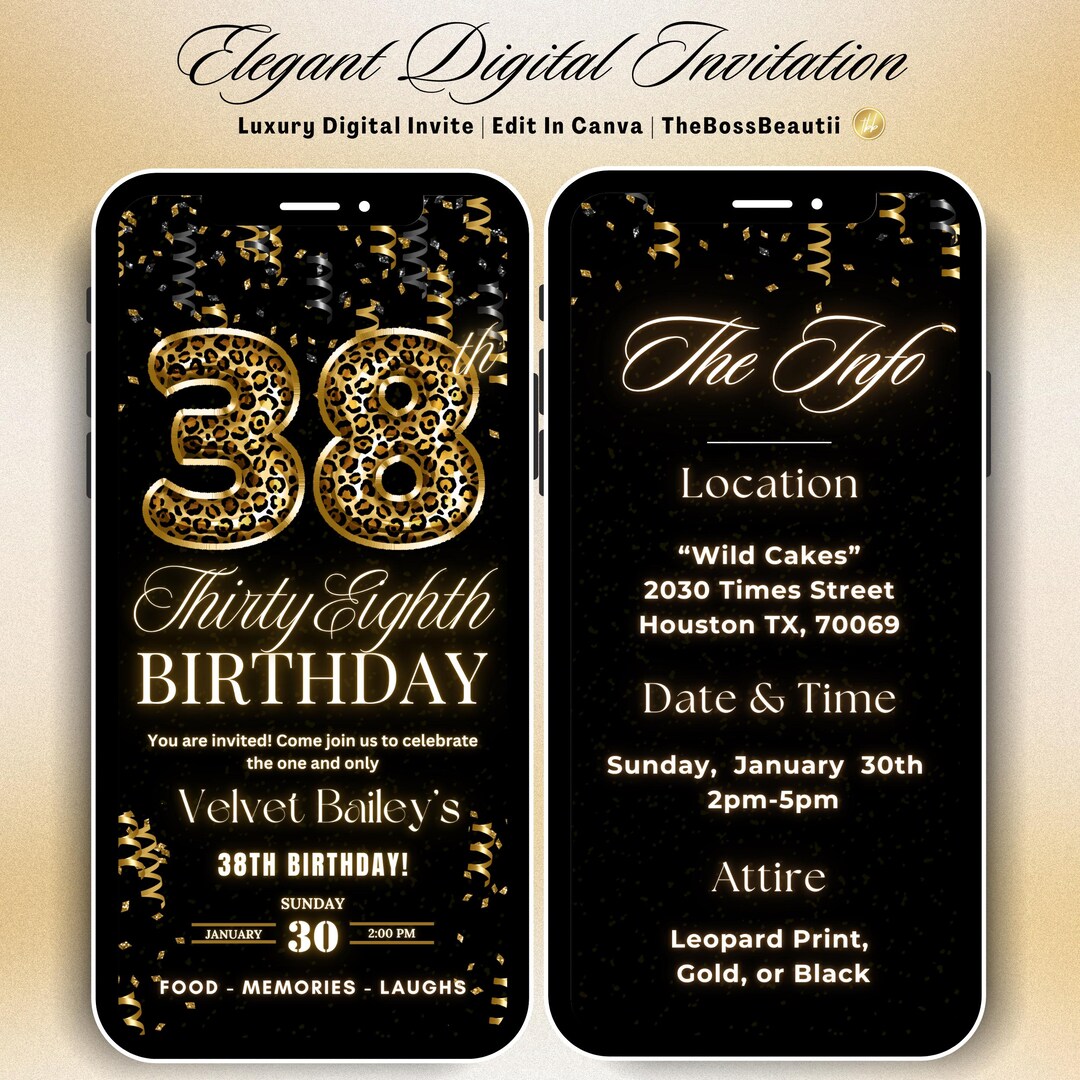 38th Elegant Leopard Print Birthday Digital Invitation, Birthday Party ...