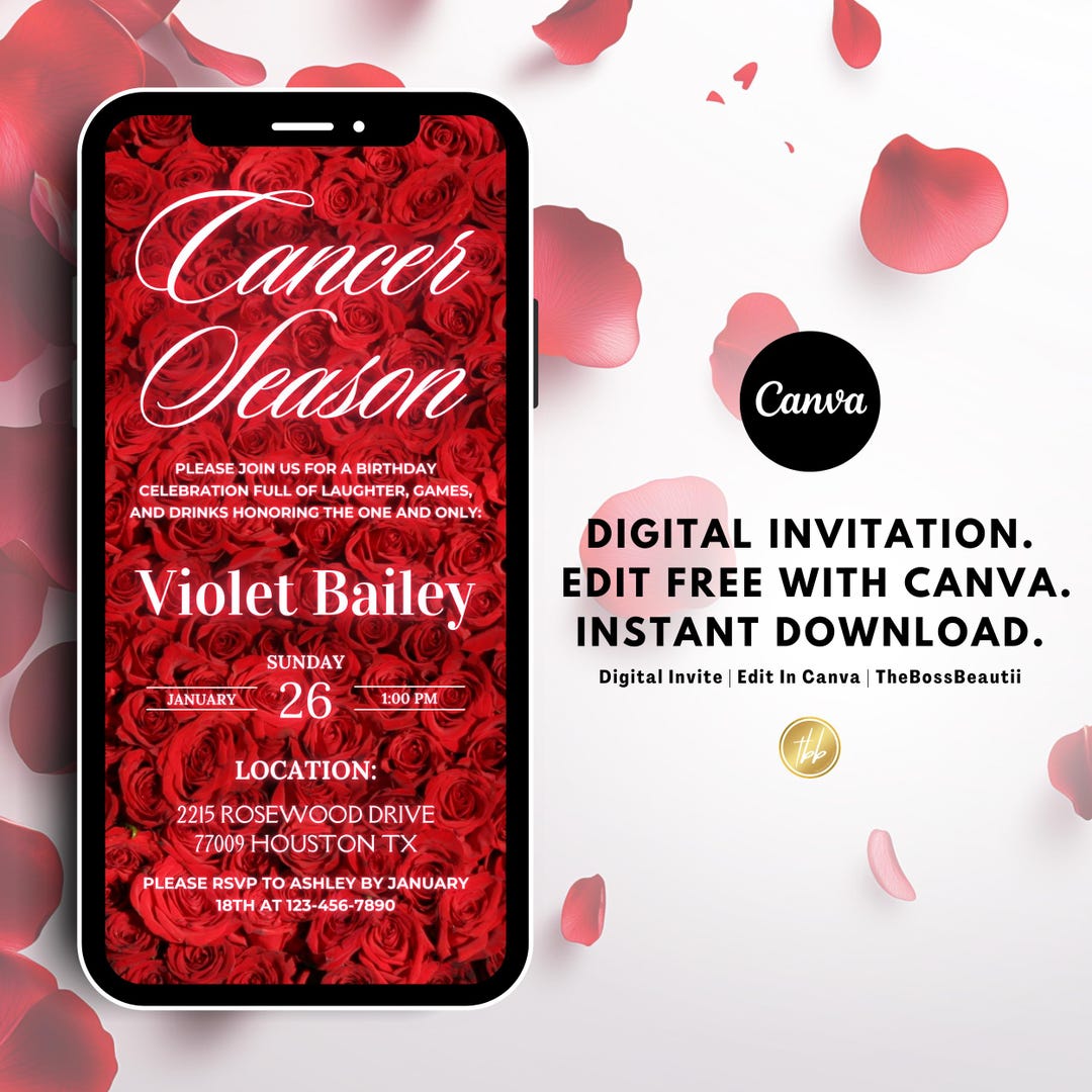Cancer Season Red Rose Digital Invitation, Elegant Floral Birthday ...