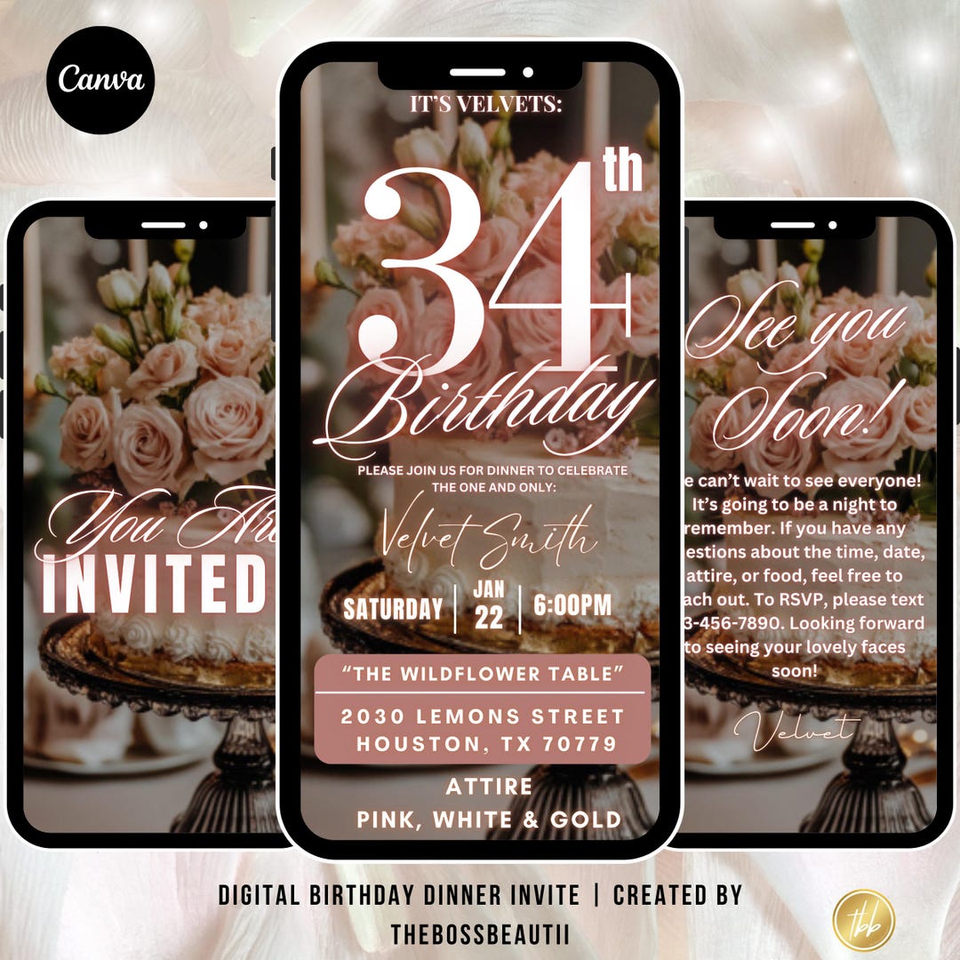 34th Pink Birthday Dinner Digital Invitation, 34th Birthday Evite, DIY ...