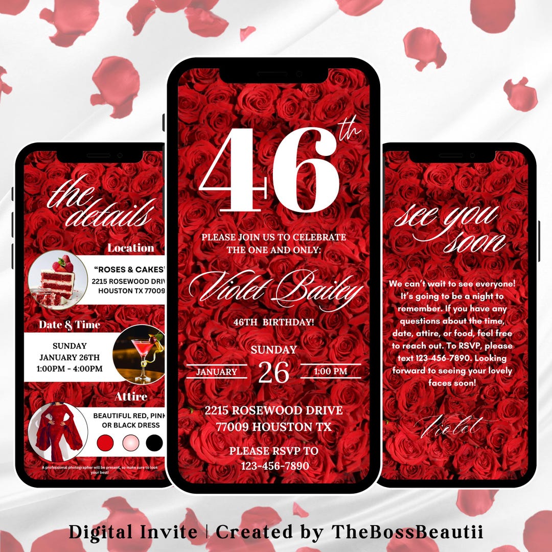 46th Red Rose Birthday Digital Invitation, Elegant Floral Birthday ...