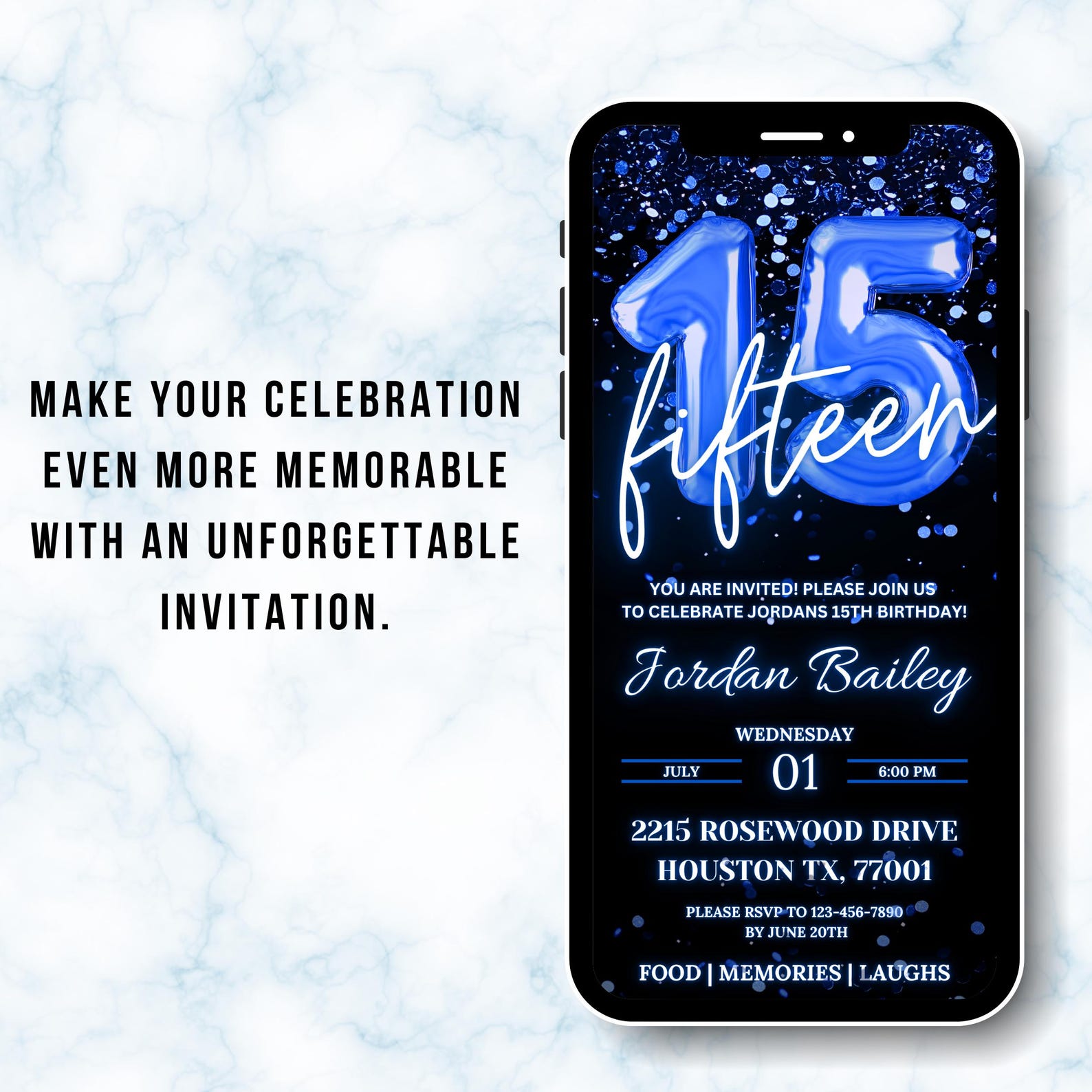 15th Blue Digital Invitation, Birthday Evite, Edit in Canva, 15th Bday ...