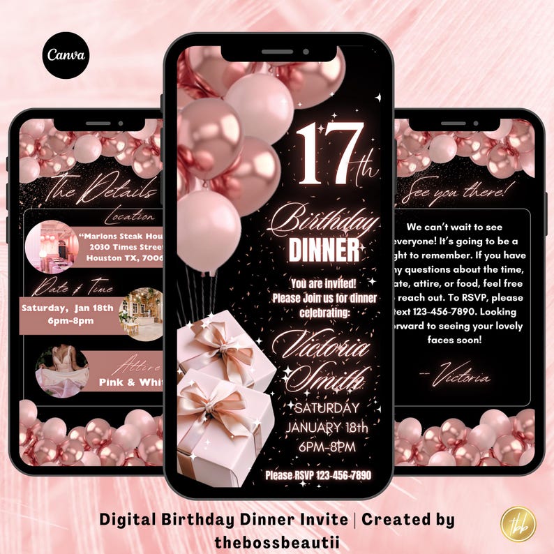 17th Pink Birthday Dinner Digital Invitation, 17th Birthday Evite, Edit ...