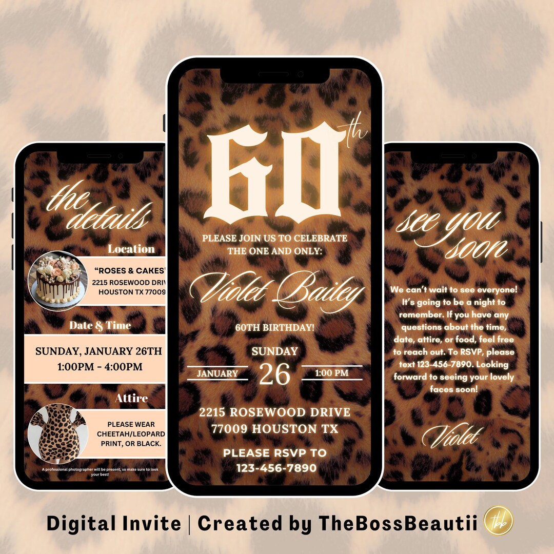 60th Leopard Print Birthday Digital Invitation, Birthday Party Evite ...