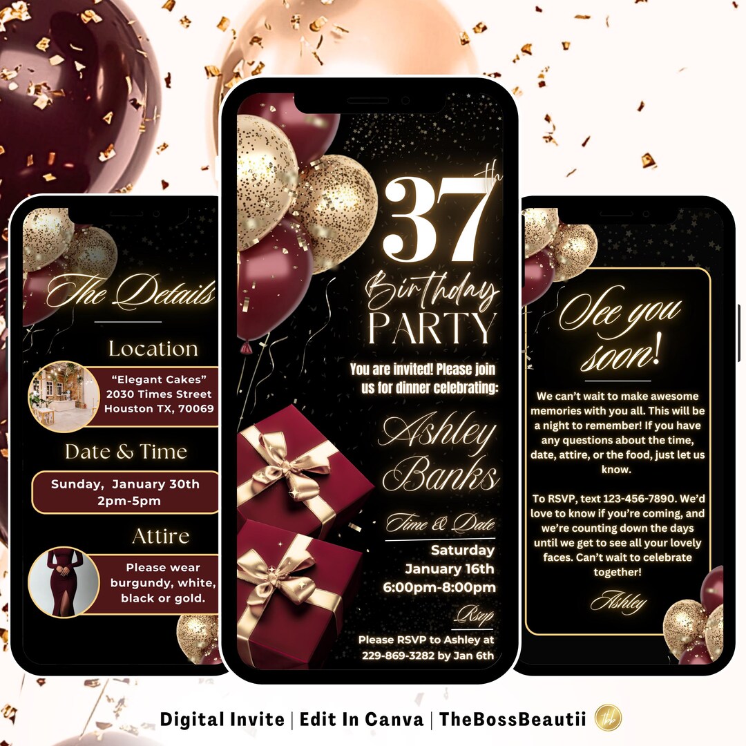 37th Burgundy and Gold Birthday Dinner Digital Invitation, 37th Bday ...
