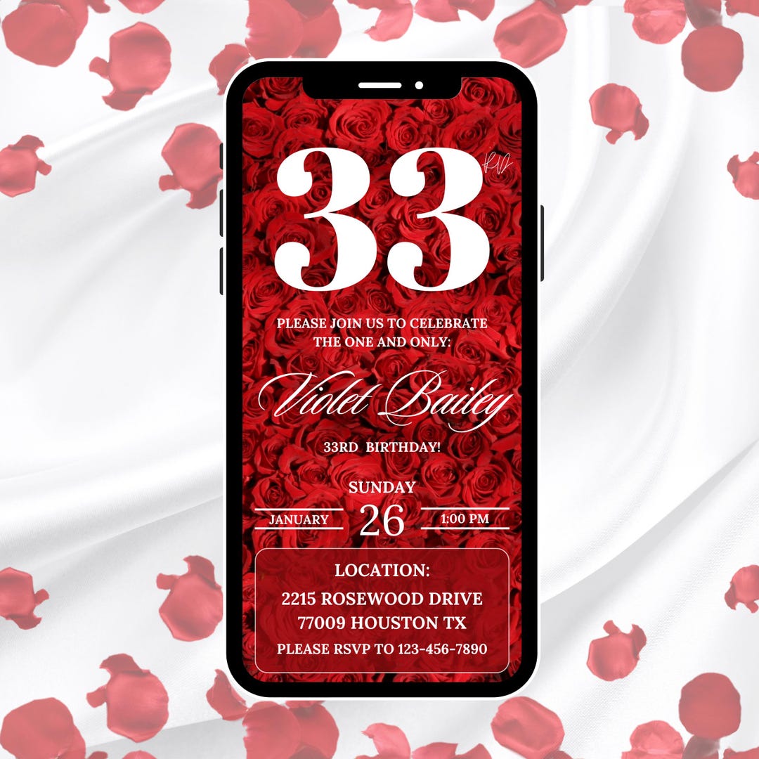 33rd Red Rose Birthday Digital Invitation, Elegant Floral Birthday ...