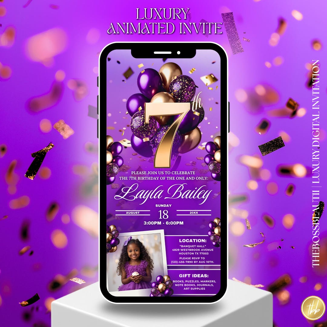 7th Purple and Gold Birthday Invitation With Picture, Turning Seven ...