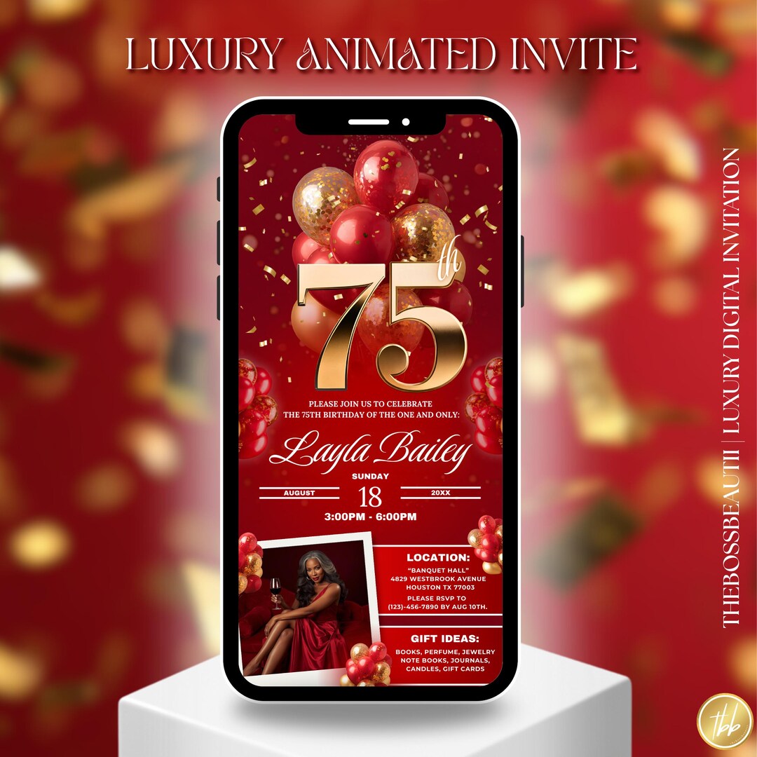 75th Luxury Red and Gold Birthday Invitation With Picture, Turning ...
