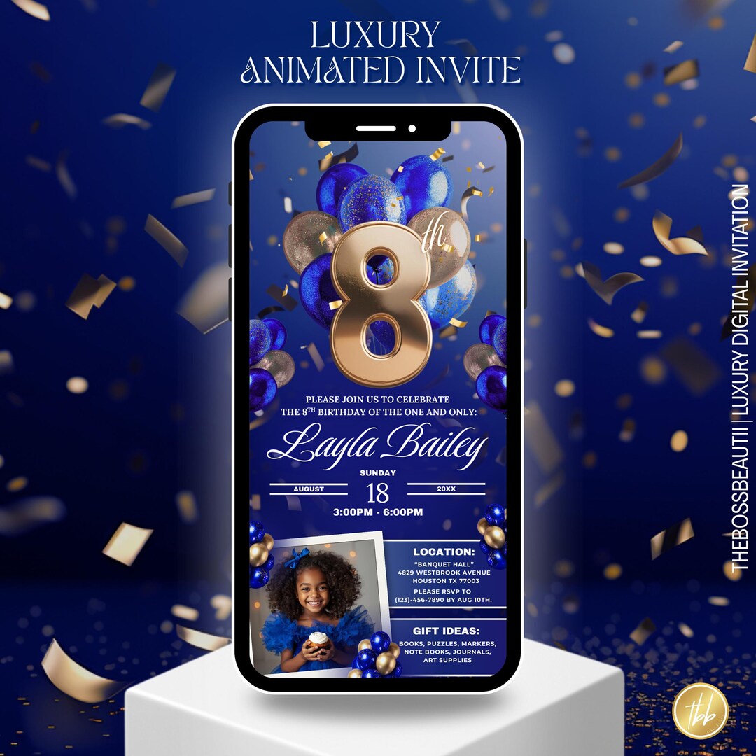 8th Luxury Blue and Gold Birthday Invitation With Picture, Turning ...