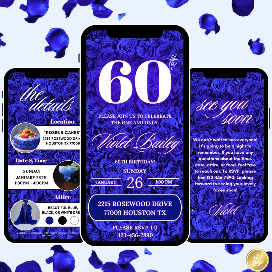 60th Blue Rose Birthday Digital Invitation, Birthday Party Evite . 60 ...