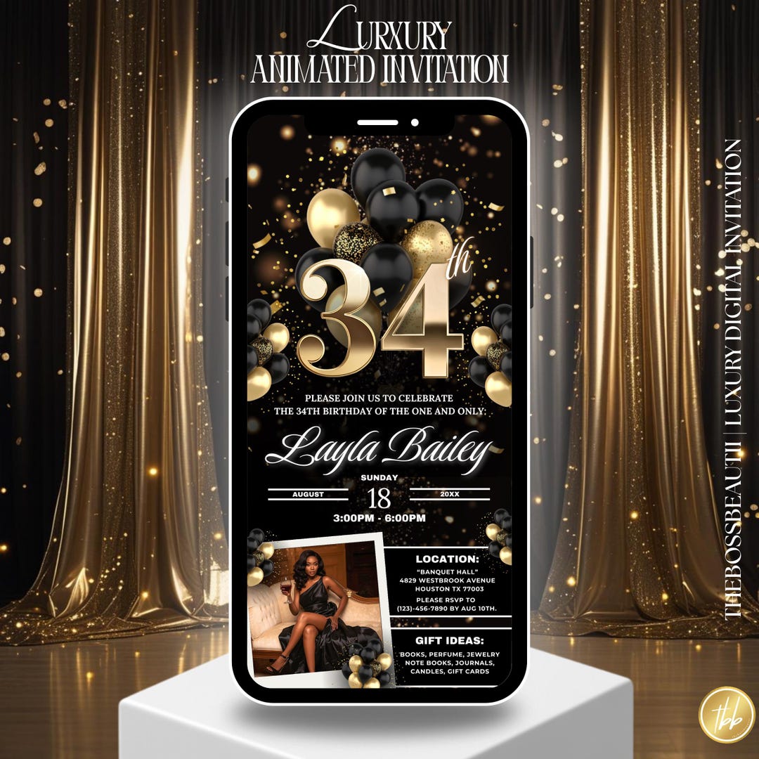 34th Luxury Black and Gold Birthday Invitation With Picture, Turning ...