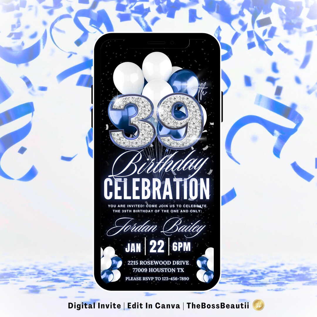 39th Luxury Diamond Navy Blue and White Birthday Party/dinner Digital ...