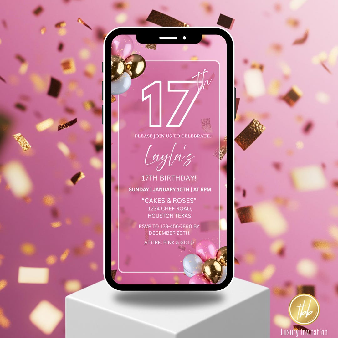 17th Pink and Gold Birthday Dinner Digital Invitation, Birthday Evite ...